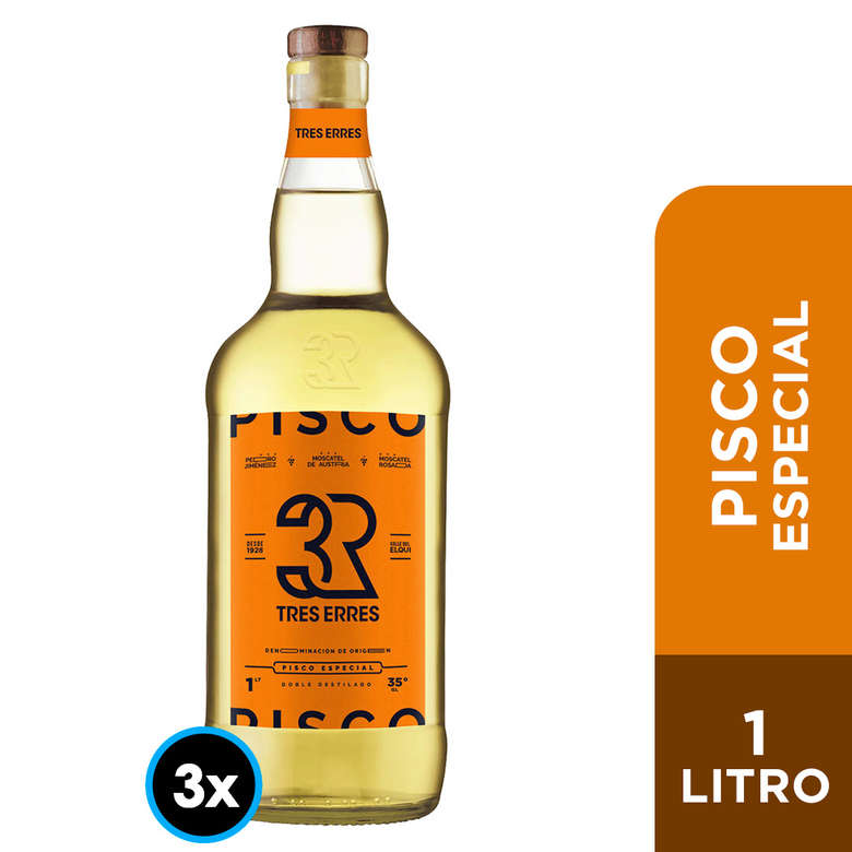 Booz.cl: Pack Tres Erres 35° N°7: 3x Pisco Tres Erres 1 Litro 35° alc.