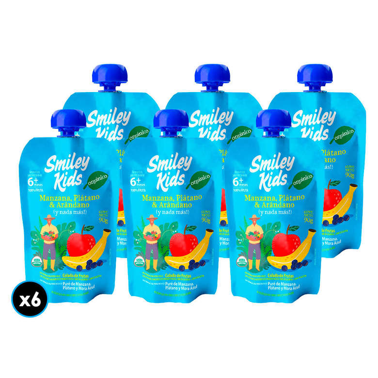 Booz.cl: 6x Puré Orgánico Smiley Kids Manzana Plátano Arándano 90 grs.