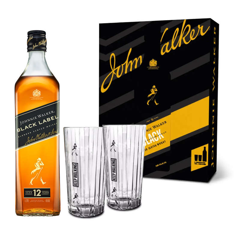 KIT JOHNNIE WALKER BLACK + VASOS: Whisky Johnnie Walker Black Label ...