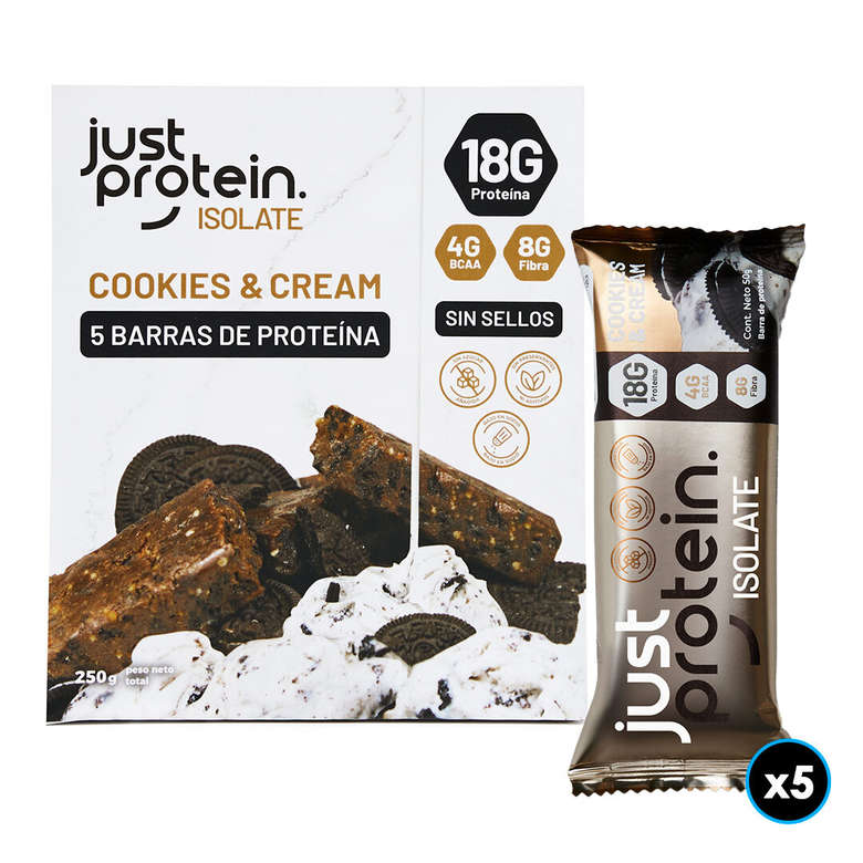 Booz.cl: Barritas Just Protein Cookies and Cream (5 Unidades)