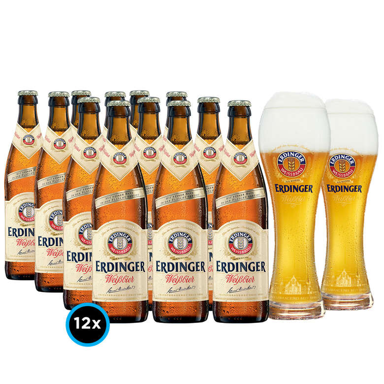 Booz.cl: 12x Cerveza Erdinger Weißbier Botella 500cc + 2x Vaso Erdinger ...