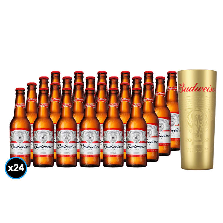 24x Cervezas Budweiser Botella 355cc + Vaso World Cup 2022