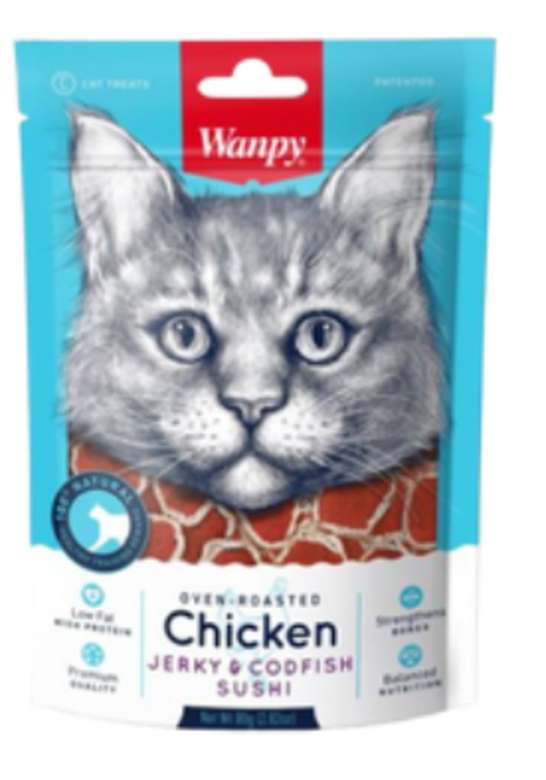 Snack Para Gatos Wanpy Chicken Jerky and Codfish Sushi 80 grs.
